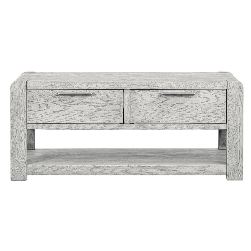 Flora Grey Washed Oak Coffee Table, Storage with 2 Drawers | Interior Envy