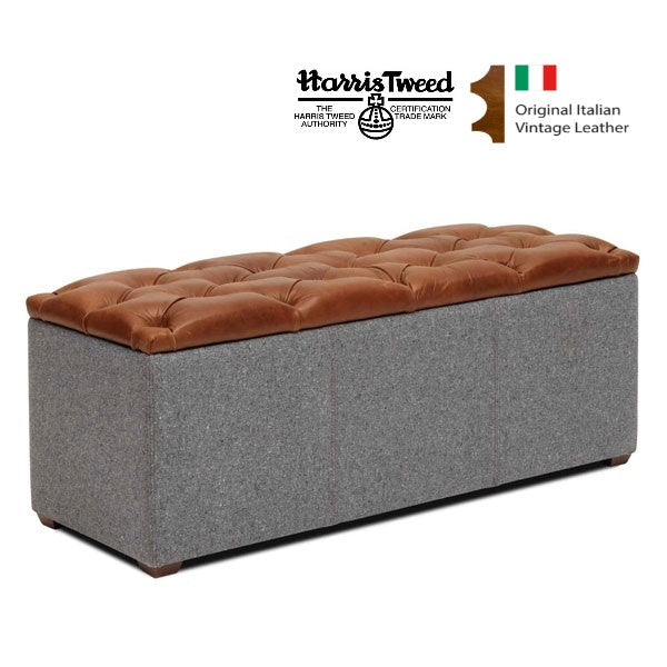 Vintage Leather & Harris Tweed Buttoned Top Storage Bench 120cm ...
