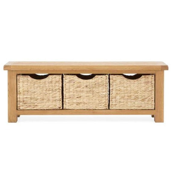 Sailsbury Solid Oak 3 Basket Storage Bench - 130cm | Interior Envy