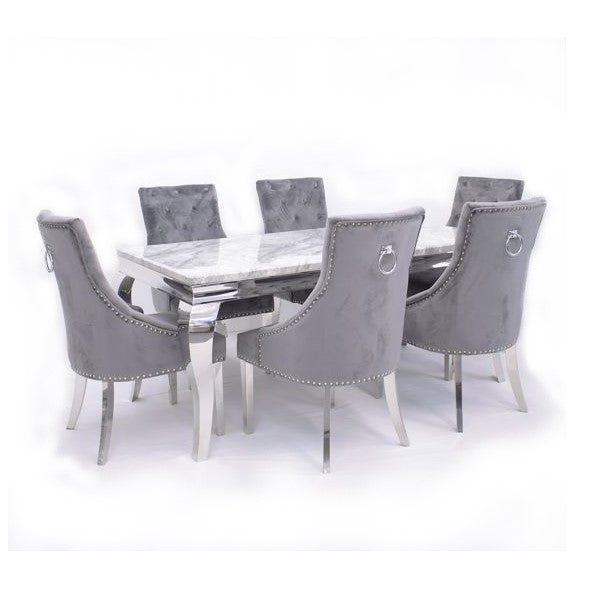 Louis 200cm Light Grey Marble Dining Table & 6 Cheshire Grey Velvet Di ...