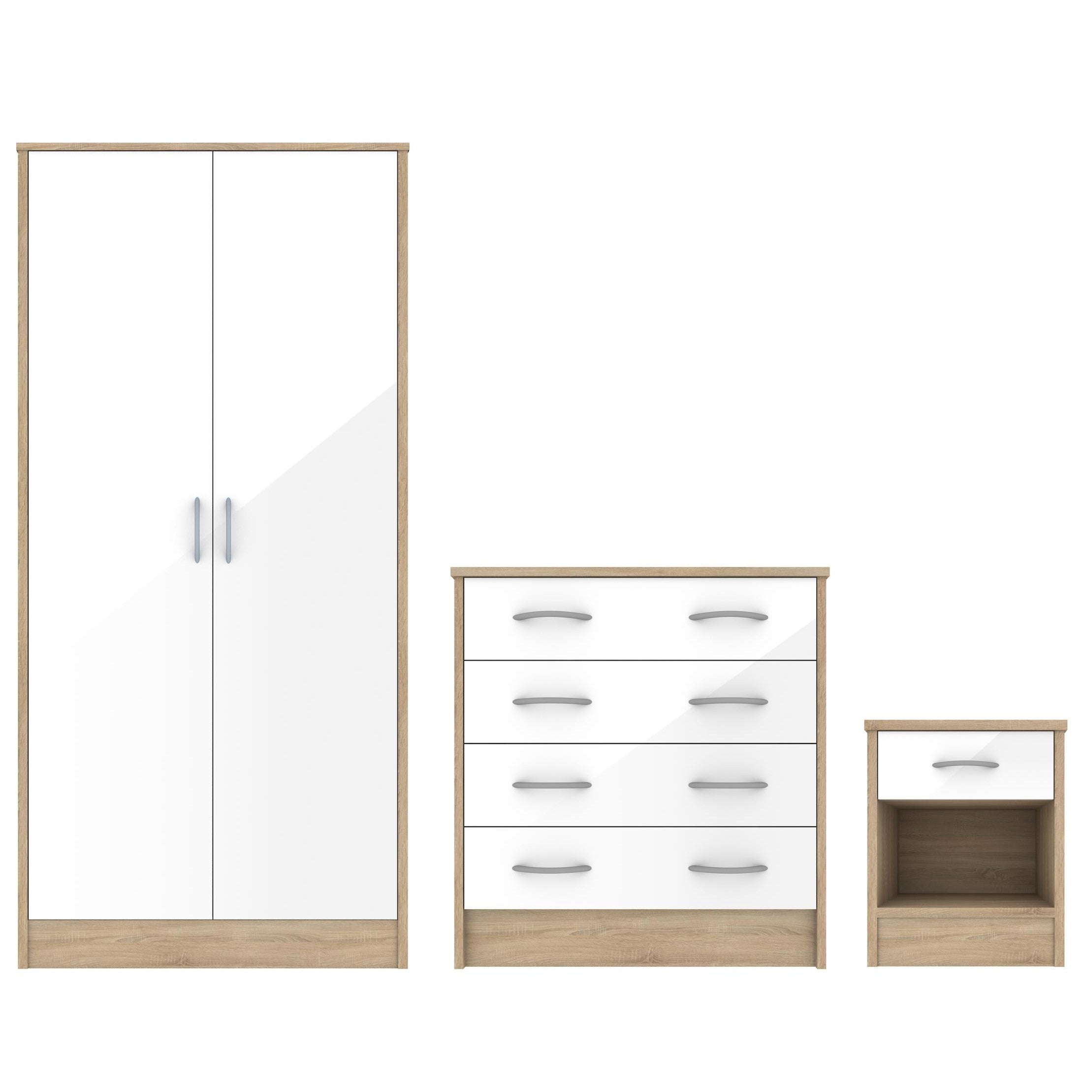 White Gloss & Oak - Wardrobe, Chest Drawers & Bedside - Bedroom Set ...