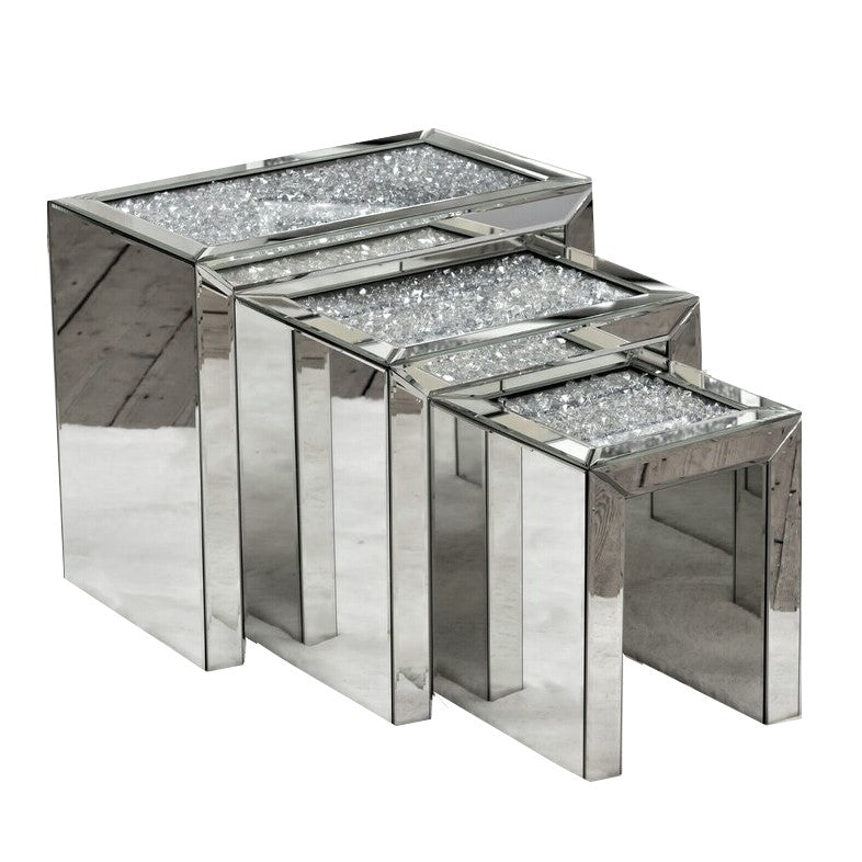 Crushed Diamond Mirrored Nest Of 3 Tables | Interior Envy