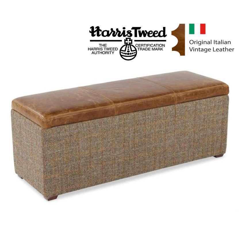 Vintage Leather & Harris Tweed Storage Bench 120cm | Interior Envy