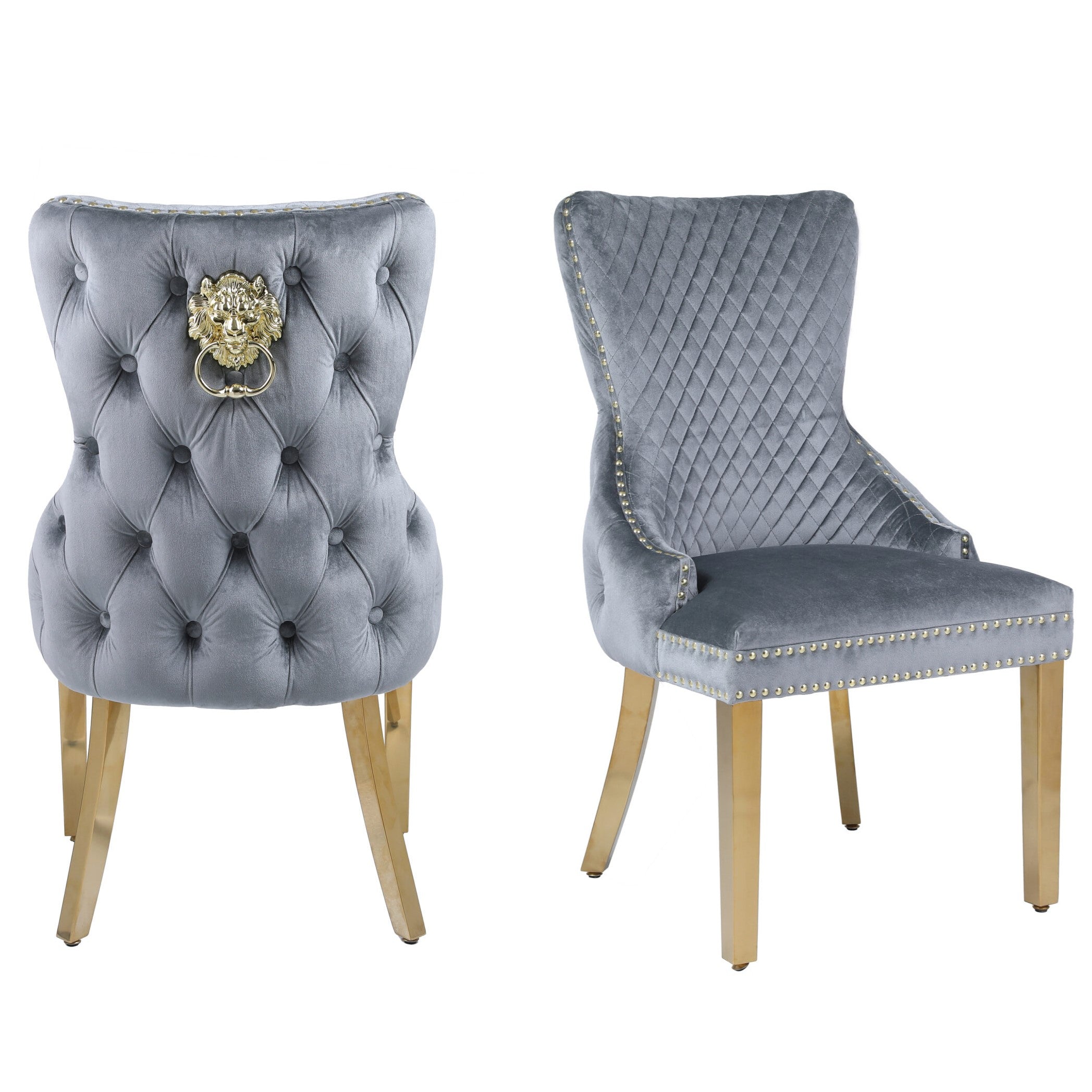 Victoria Grey Velvet & Gold Leg Lion Knocker Back Dining Chairs - Set ...