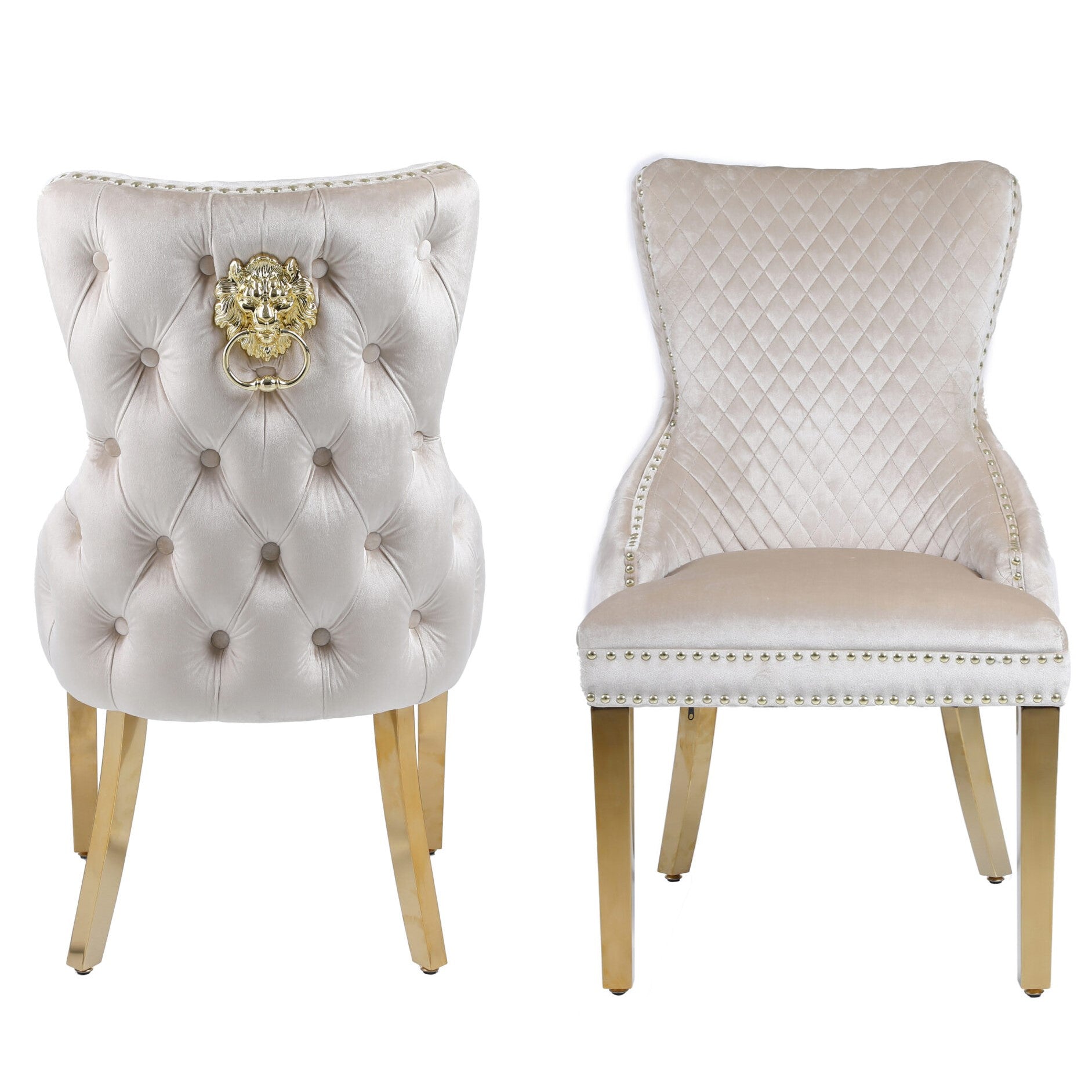 Victoria Cream Velvet & Gold Leg Lion Knocker Back Dining Chairs - Set ...