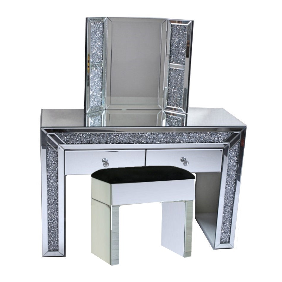 Crushed Diamond & Mirrored 2 Drawer Dressing Table, Stool & Mirror Set ...