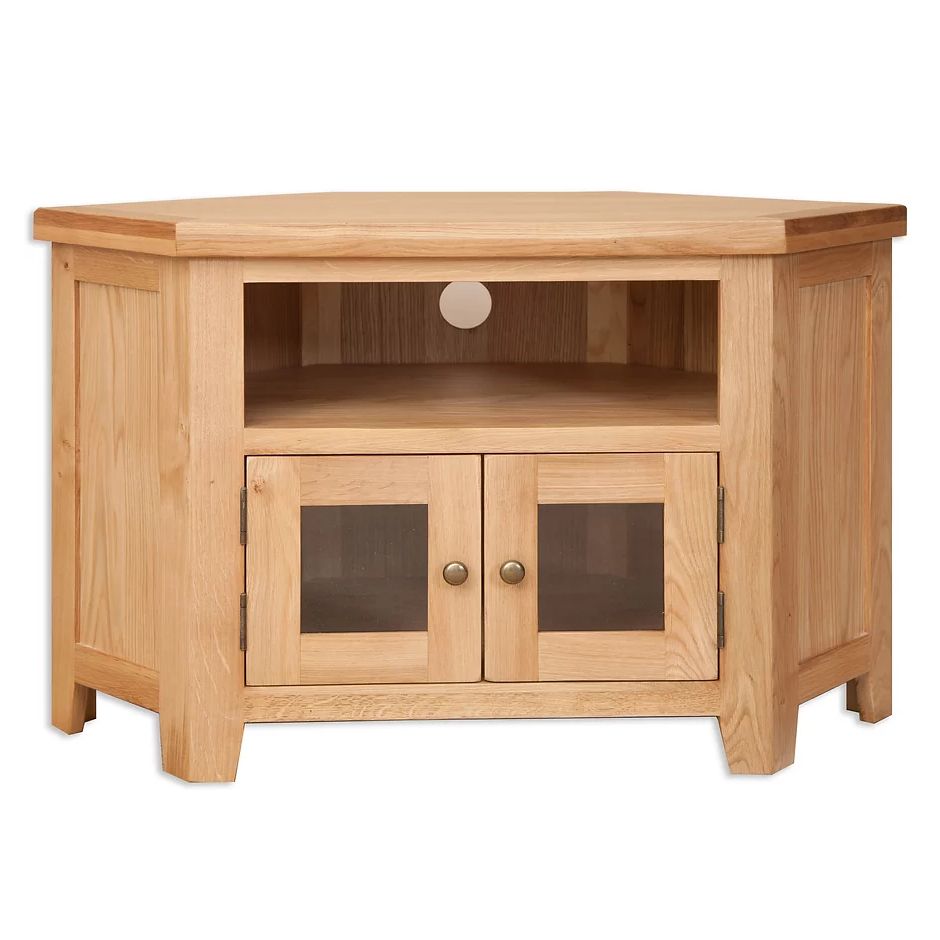 Wiltshire Natural Oak Glazed Corner TV Cabinet | Interior Envy