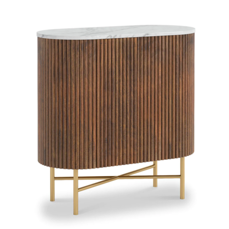 Milo Walnut Fluted Wood & Marble Top Compact Curved Sideboard - 65cm ...