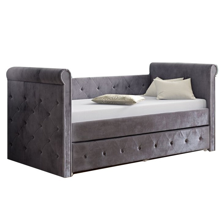 Silver Velvet Fabric Day Bed With Trundle | Interior Envy
