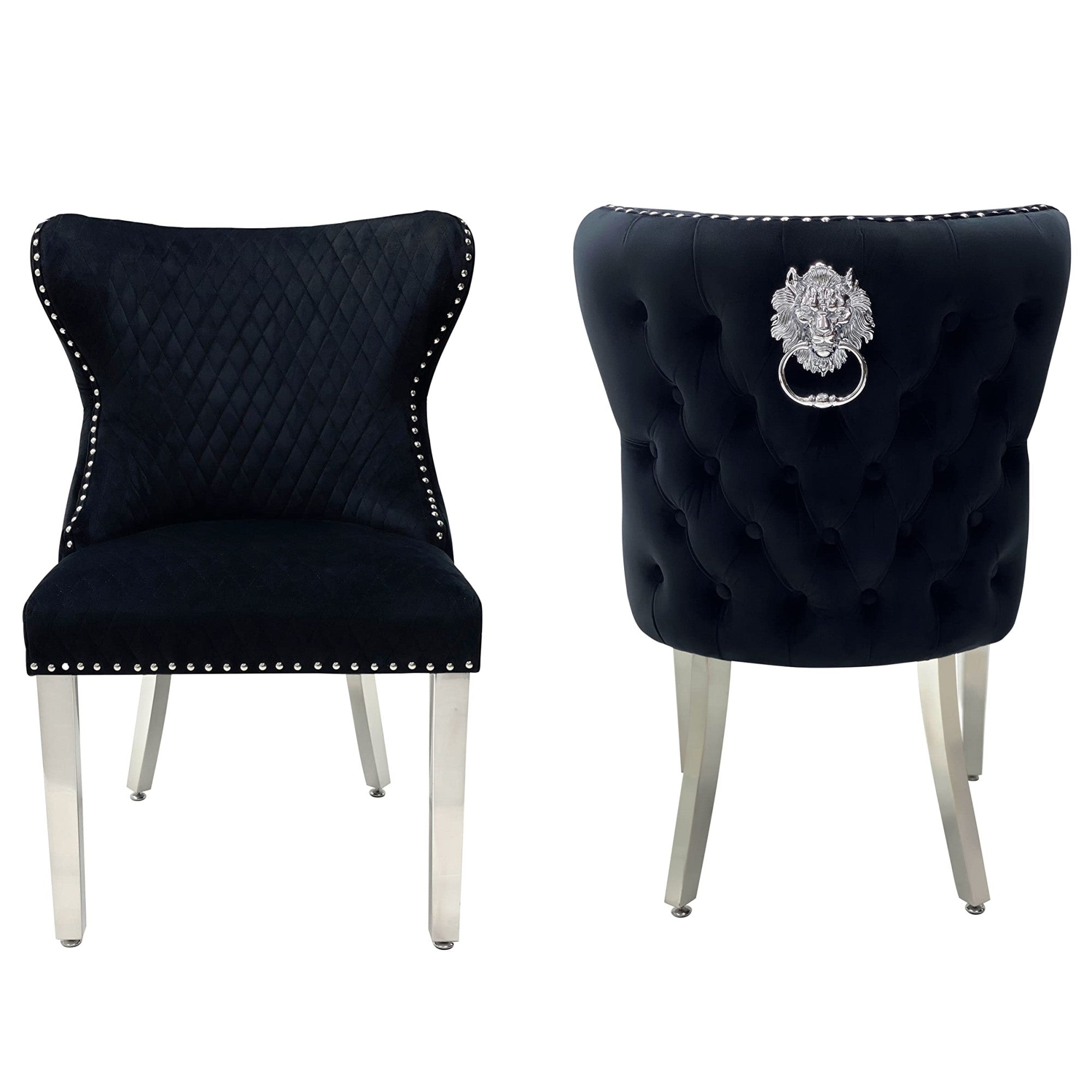 Valentino Lion Head Deep Tufted Velvet Dining Chairs - Set Of 2 - Black ...