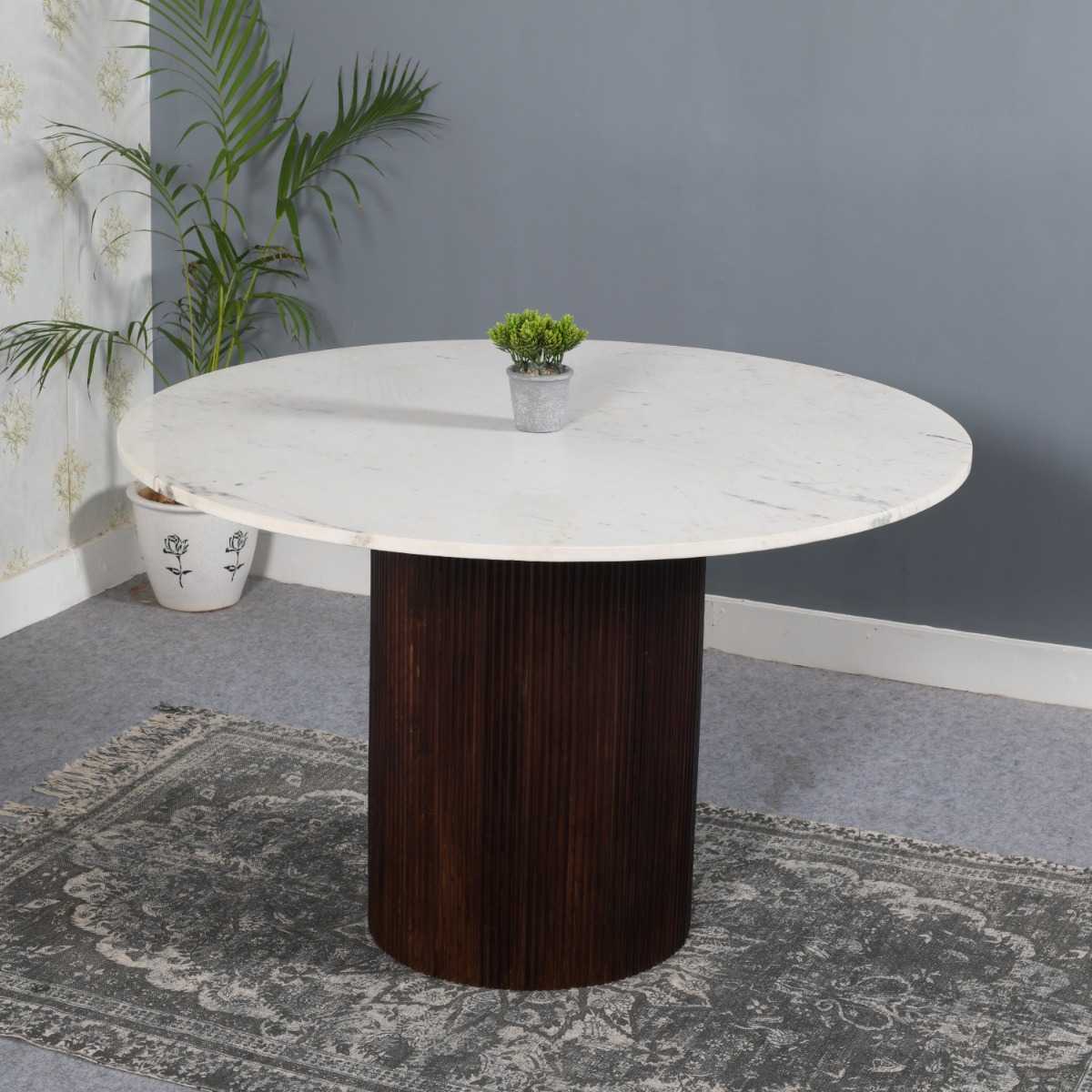 Opal Fluted Mango Wood & Marble Top Round Dining Table - 120cm ...